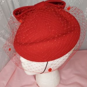 Accessories | Red Fascinator Hat With Bow And Dotted Mesh | Poshmark
